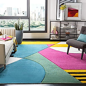 SAFAVIEH Hollywood Collection 4' x 6' Peacock Blue / Fuchsia HLW706C Mid-Century Modern Non-Shedding Living Room Bedroom Accent Rug
