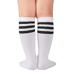 American Trends Kids Toddler Soccer Socks Knee High Tube long Socks Three Stripes Cotton Uniform Sports Socks for Child Boys Girls 1 Pack White Black 6-9 Years