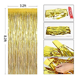 3Pcs Gold Metallic Tinsel Foil Fringe Curtains, Gold Foil Fringe Curtain Backdrop Metallic Tinsel Streamers Backdrop for Birthday Baby Shower Party Photo Booth Props Decoration