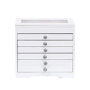 ZSEDP High Large Gloss Wooden Jewellery Box Armoire Bracelet Organizer Storage 5 Layers Glass White US Warehouse