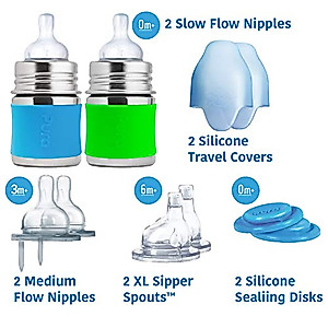 Pura Kiki Newborn Baby Bottle Gift Set - BPA-Free, Stainless Steel, Anti-Colic, Silicone Starter Feeding for Breastmilk & Formula - Aqua & Green, 0-18 Months