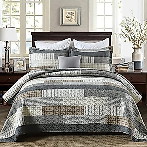 Finlonte Quilt Queen Size 100% Cotton Queen Size Quilts Grey Black Brown Bedspreads Plaid Quilts Lightweight Soft Breathable Bedding Sets for All Season, 3 Piece