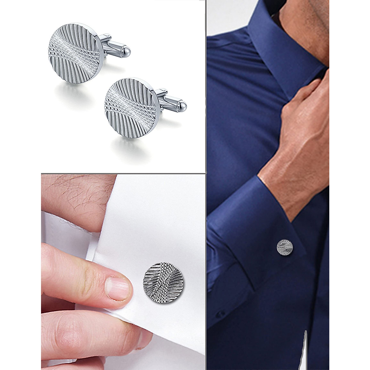 Ofeiyaa 6 Pairs Cufflinks Classic Striped Disc Square Spherical Knot CZ Rectangle Cylindrical Cufflinks Set for Men