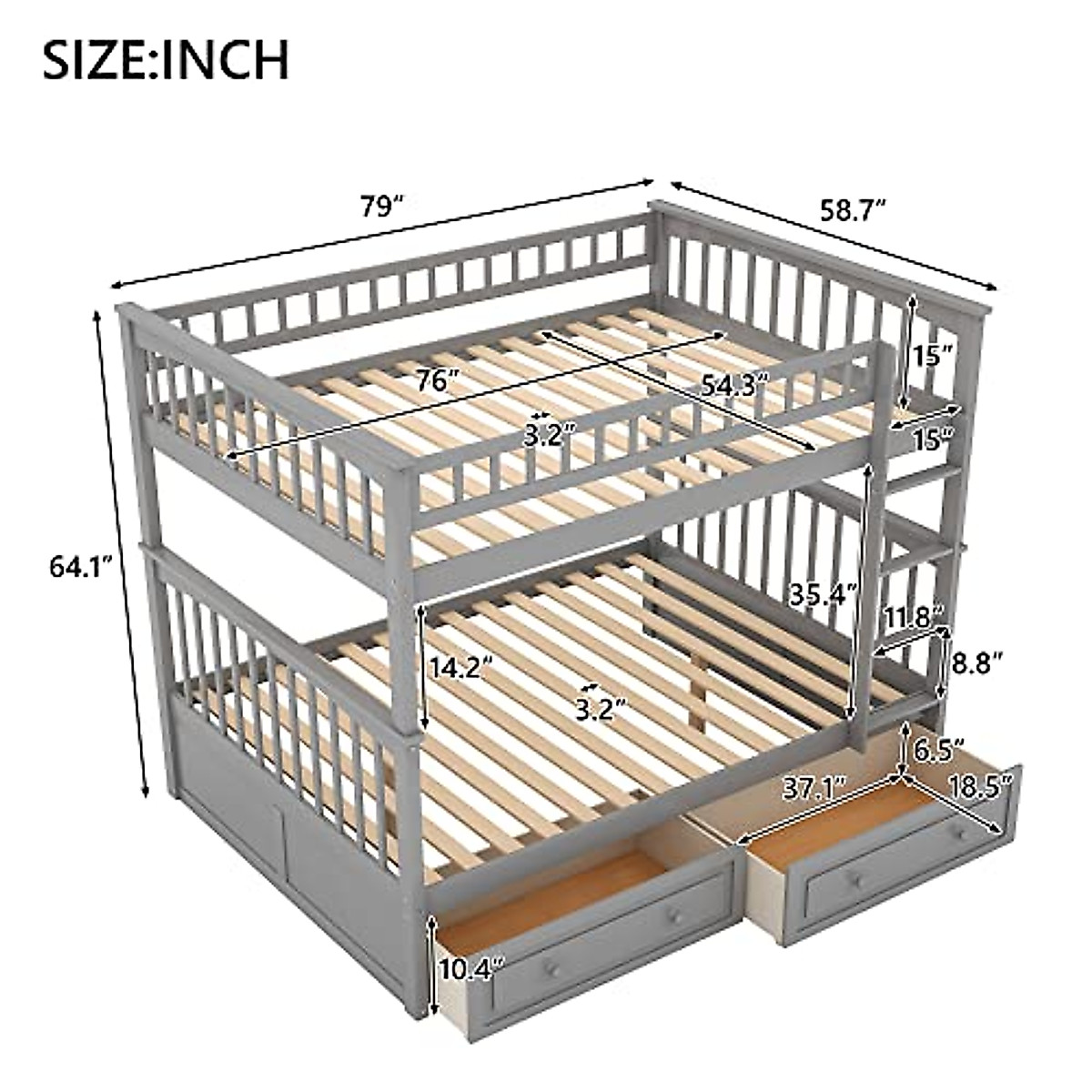 Full Over Full Bunk Bed with 2 Storage Drawers, Wooden Bunk Bed Frame with Guardrails and Ladders for Kids Teens Adults, Can be Convertible into 2 Beds (Bunk Beds Full Over Full, Gray)