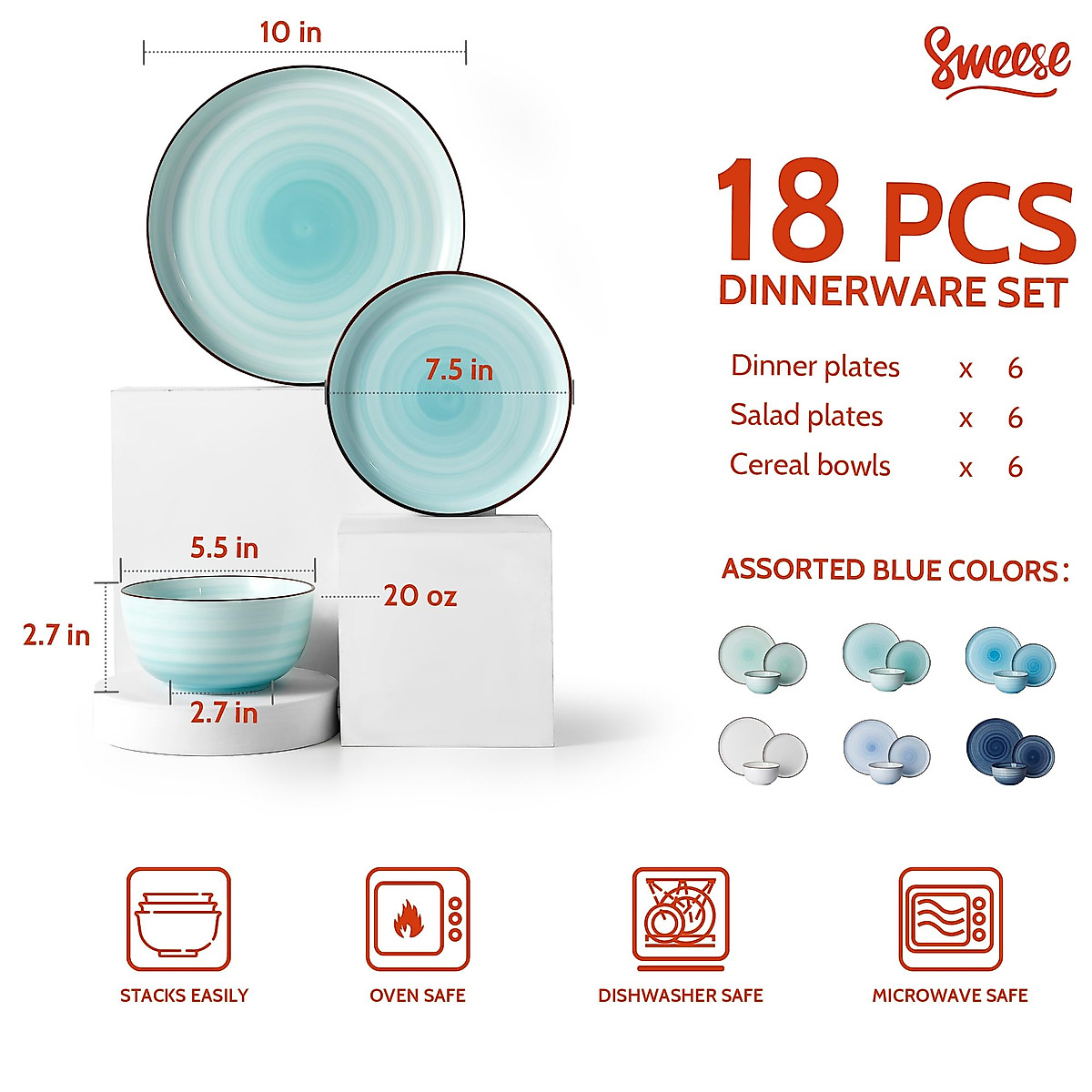 Sweese Plates and Bowls Sets, 18 Piece Dinnerware Set Porcelain Round Dinner Set for 6, Scratch Resistant Dishes Set, Dishwasher and Oven Microwave Safe Handpainted Swirl Dishware Sets, Assorted Blue