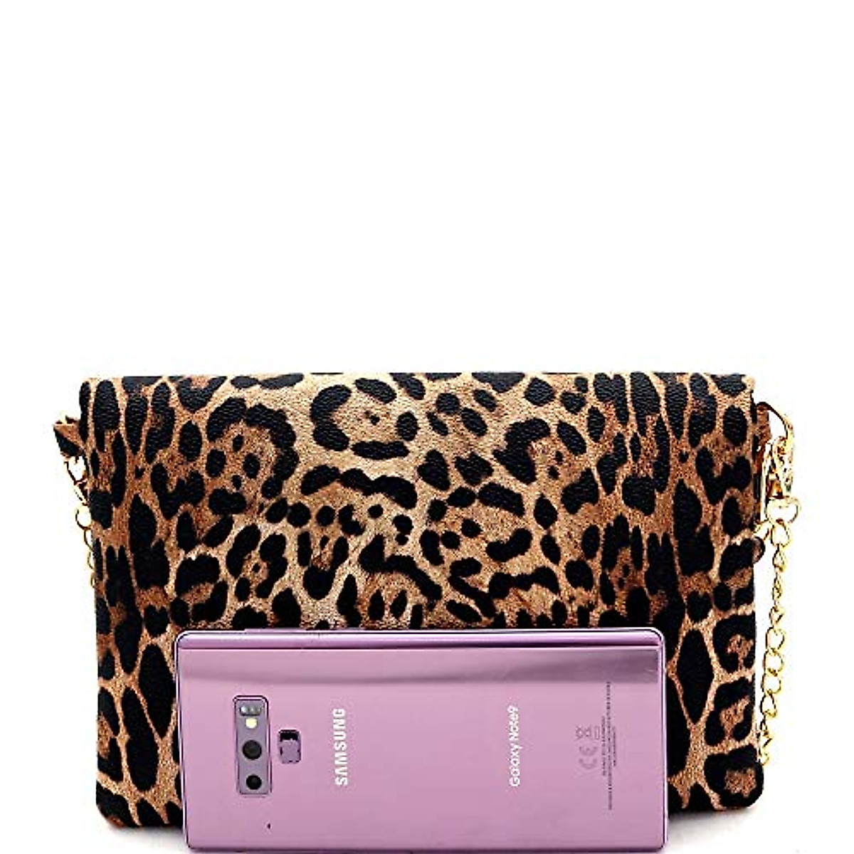 Trendeology Fashion PU Leather 2 Way Flap Clutch Wristlet Bag with Chain Shoulder strap (1Leopard Print - 1Tan)
