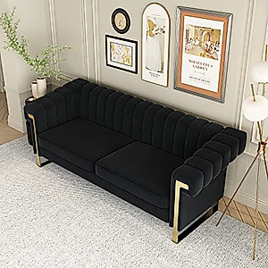 Mid Century Modern Velvet Couch - 83.85 Loveseat Sofa Curved Gold Boho Love Seat Comfy Couches for Living Room, 3 Seat Tufted Deep Seat Sectional Gothic Minimalist Sofa Bedroom Apartment (Black 1)