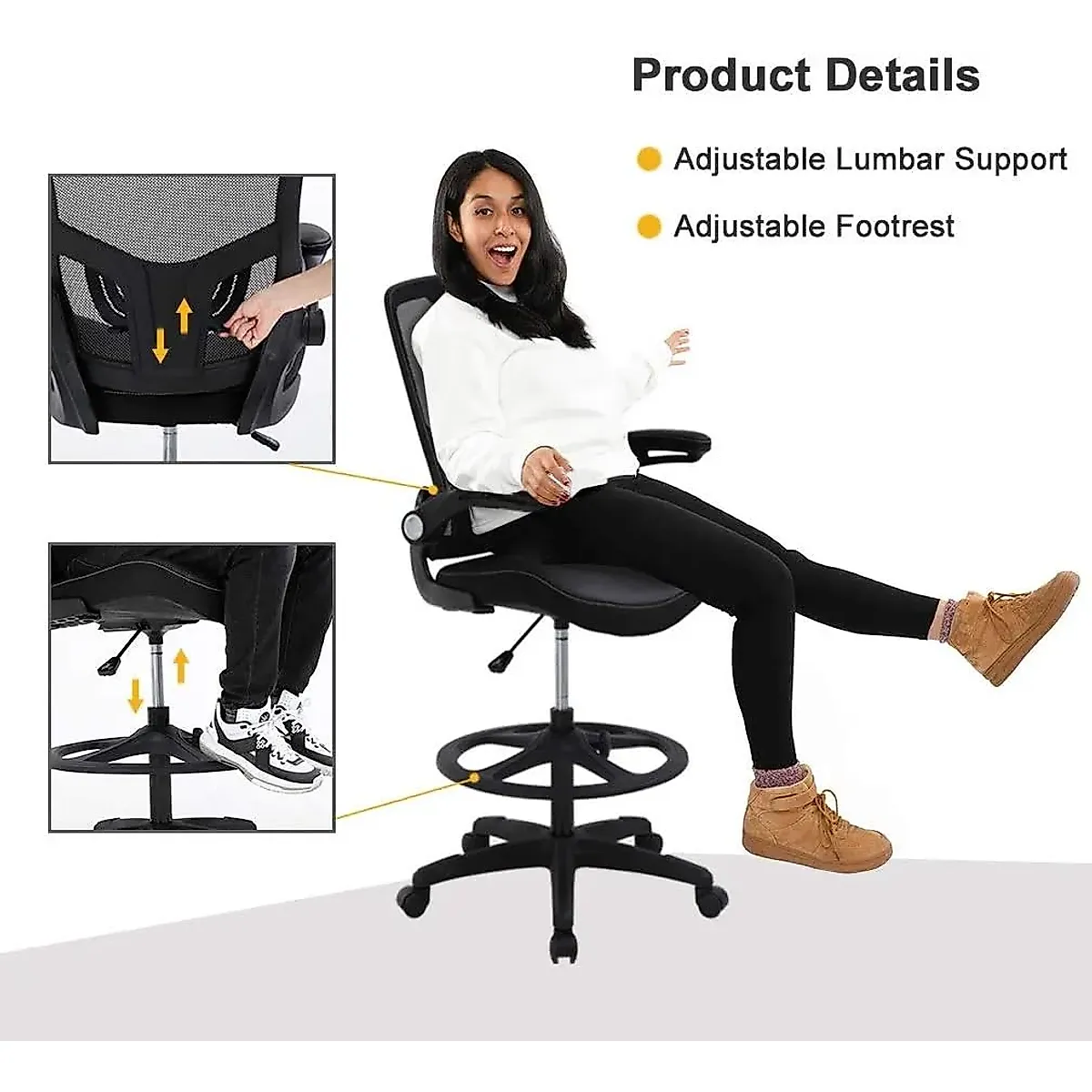 Drafting Chair Tall Mesh Drafting Stool for Standing Desk, Adjustable Bar Height Reception Office Chair with Flip-Up Arms & Foot-Ring, Ergonomic Mesh Computer Drafting Stool for Home Office Working