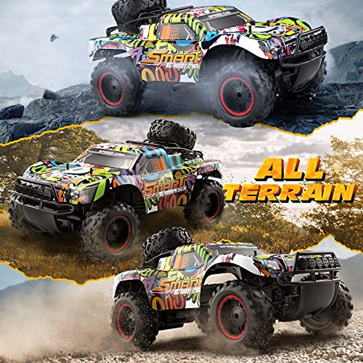 O WOWZON 1:12 Scale Short-Course RC Truck Large 4WD Hobby Crawler Grade Replaceable Spare Tire All Terrains Monster Crawler 2 Rechargeable Batteries for Age 6+ Boys Kids and Adults