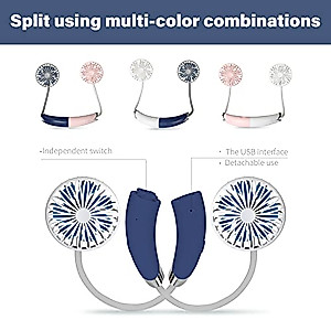 HUIQIMEI Portable Neck Fan Rechargeable Cooling Neck Fan Detachable Electric Personal Fans Independent Switch Control Long Battery Life for Travel Office Household Outdoor Sports (Blue)