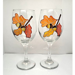 Oak Leaves Acorns Hand Painted Wine Glasses Set of 2 Fall Decor