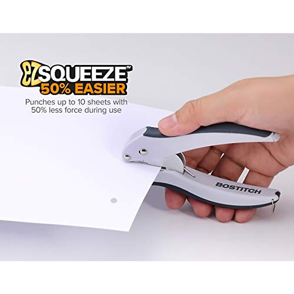 Bostitch Office EZ Squeeze One-Hole Punch, 10 Sheet Capacity, Lightweight, Gray/Blue (2402)