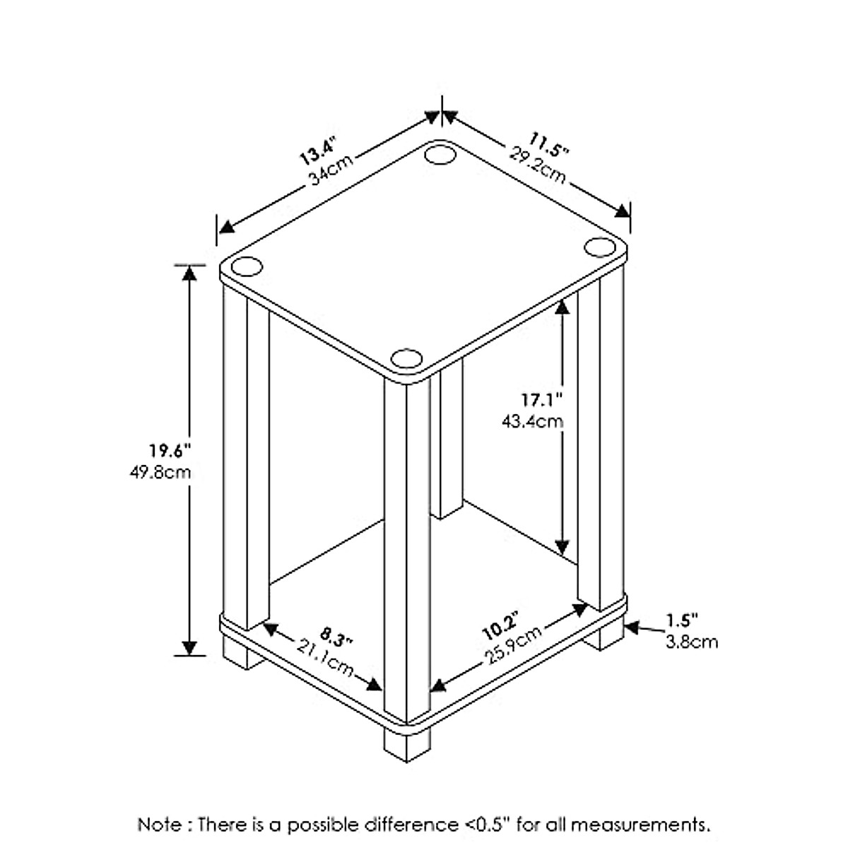 Furinno Simplistic 1-Tier End Side Night Stand/Bedside Table with Plastic Poles, French Oak Grey/Black