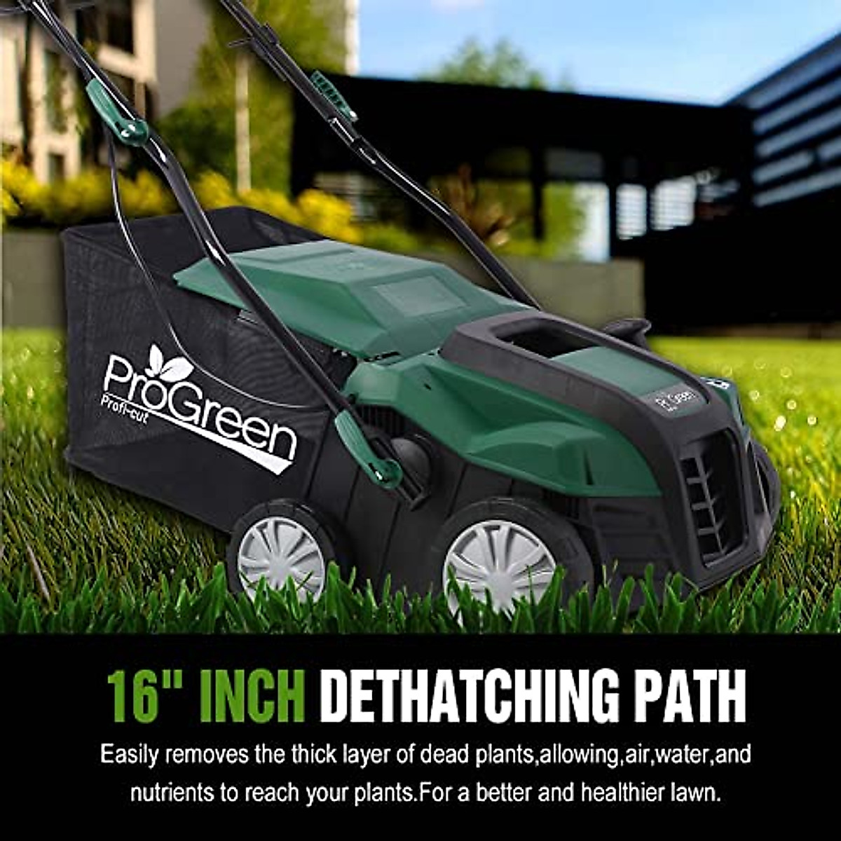16" Full Steel Deck Electric Scarifier, 2 in 1 Garden Dethatcher & Scarifier with 3-Rod System & 5 Levels Raking Height Adjustments & 58QT Removable Collection Bag, Green