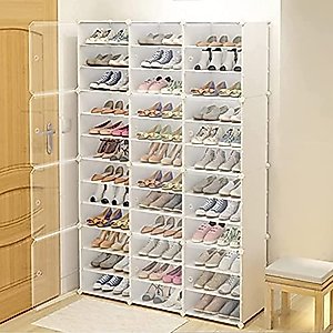 Portable Shoe Rack Organizer,Stackable 72 Pairs DIY Shoe Storage Cabinets Stand,White Plastic Closet Shoe Organizer With Transparent Cover,Dust-proof Shoe Rack Shelf Clear Foldable For Heels Boots