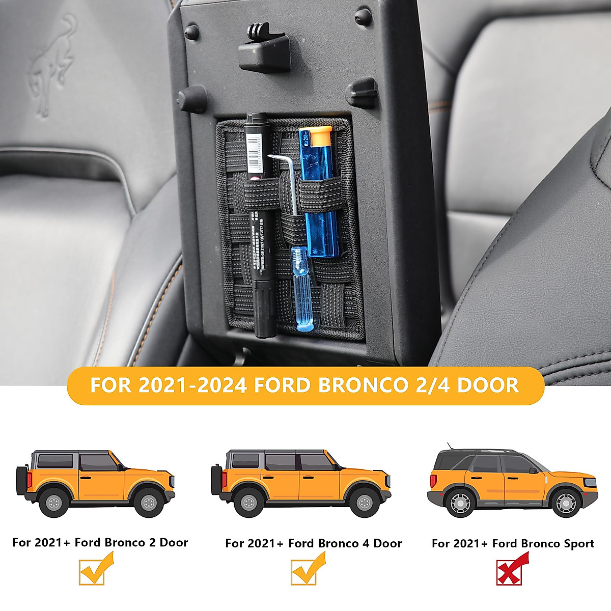 RERPRO Center Console Organizer Storage Compatible with 2021 2022 2023 2024 2025 Ford Bronco 2/4 Door Interior Accessories Armrest Tactical Webbing Molle Panel, 1 Pack Black