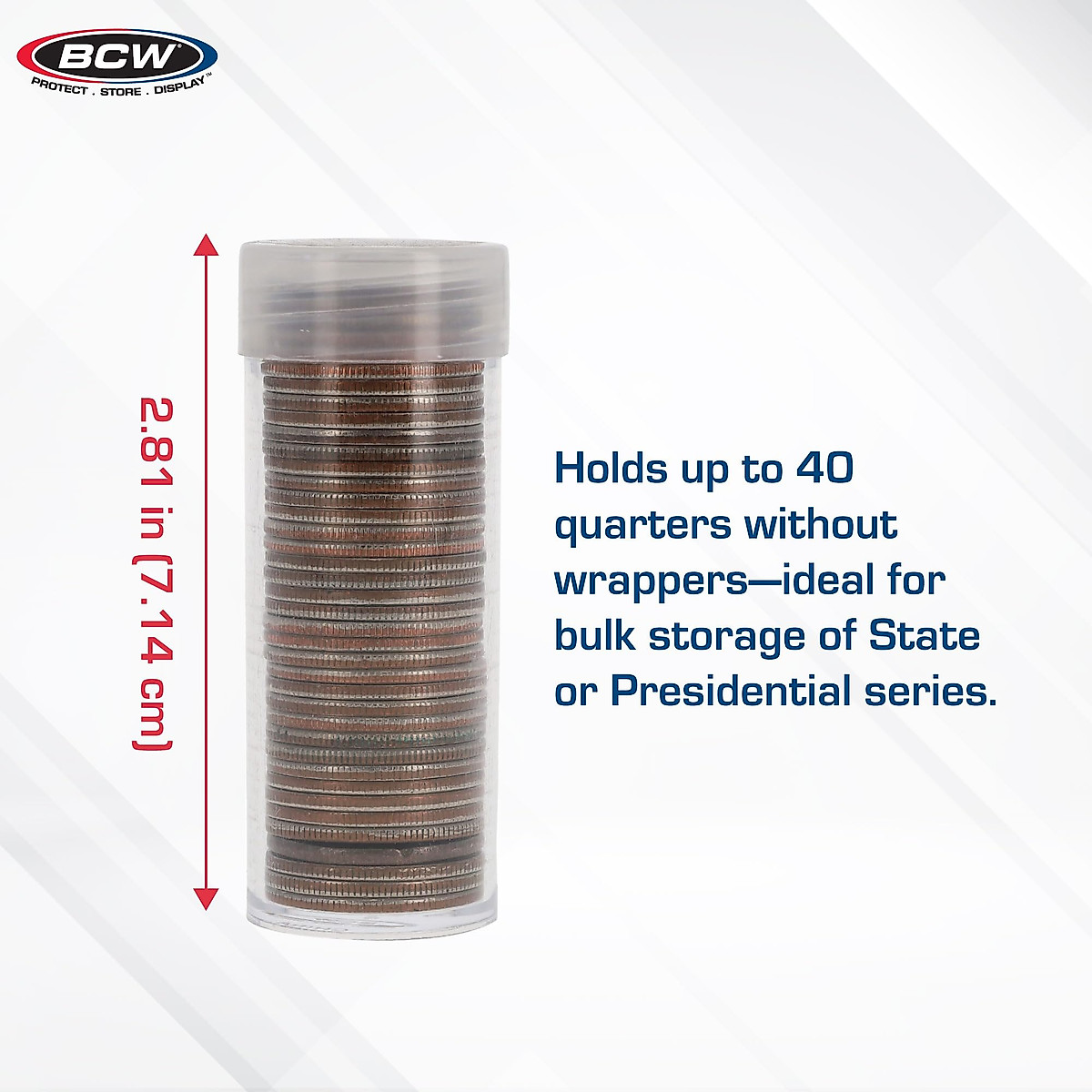 BCW Clear Quarter Coin Tubes with Screw-On Cap, Each Holds 40 Quarters (10-Tubes Total)