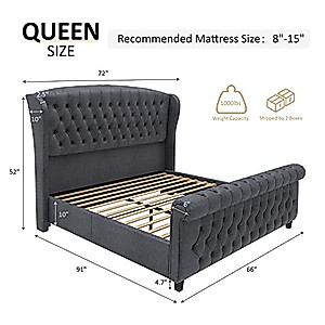 AMERLIFE Queen Size Platform Bed Frame, Velvet Upholstered Sleigh Bed with Scroll Wingback Headboard & Footboard/Button Tufted/No Box Spring Required/Grey