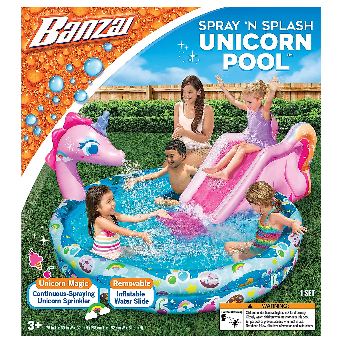 BANZAI Spray 'N Splash Unicorn Pool, Length: 78 in, Width: 60 in, Height: 32 in, Inflatable Outdoor Backyard Water Slide Splash Toy