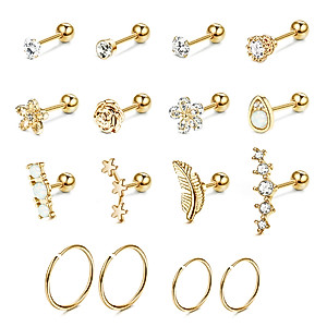 SAILIMUE 16Pcs 16G Studs for Women Surgical Stainless Steel Helix Tragus Couch Hoop Piercing Earrings Set Opal Shiny CZ Cartilage Earrings Silver/Gold/Rose Gold Tone