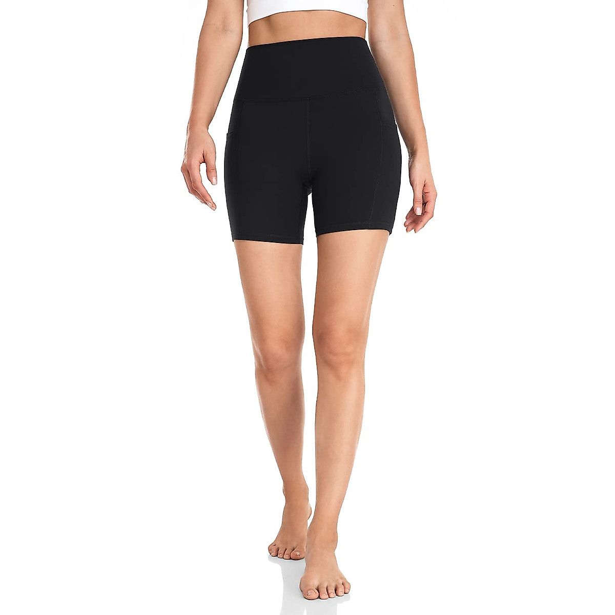 HeyNuts Women's High Waisted Biker Shorts with Side Pockets, Workout Tummy Control Yoga Leggings Running Shorts 6'' Black M(8/10)