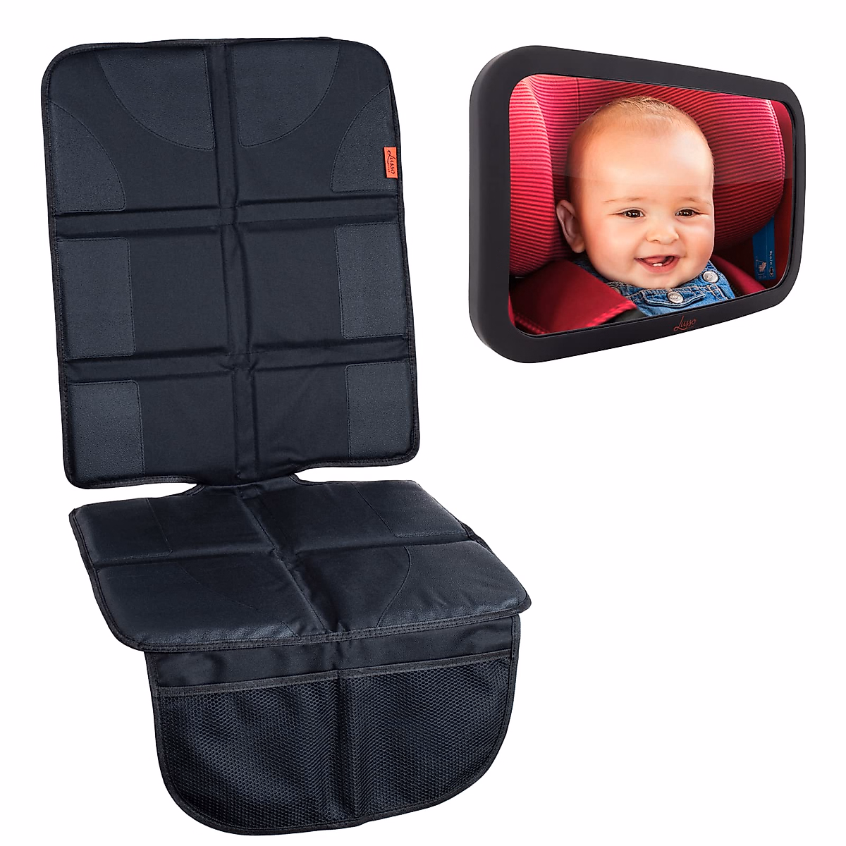 Lusso Gear Car Seat Protector + Baby Backseat Mirror for Car - Baby Travel Essentials - Protect Car Seats and Keep on Eye on Your Baby - Waterproof Car Seat Protector for Child Car Seat