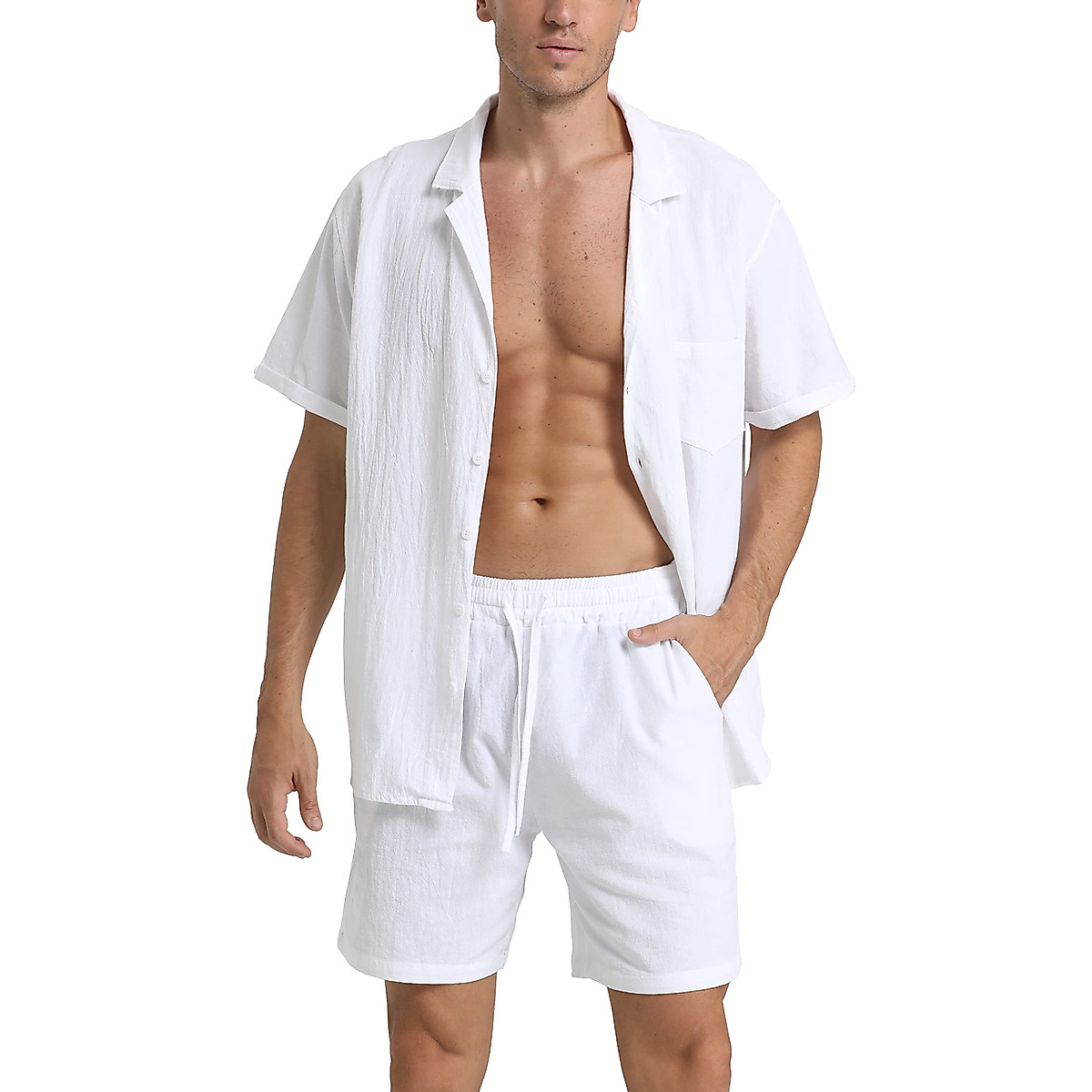 RPOVIG Linen Shirt Short Outfits:Men's Beach 2 Pieces Casual Button-Down Sets
