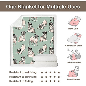 Sleepwish Pug Blankets for Kids Pug Fleece Throw Blanket Cute Pug Gifts for Girls Boys Soft Dog Animal Sherpa Blanket Pug Blankets and Throws for Couch Adults, Green (50" X 60")