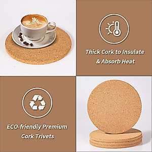 Round Cork Trivet Set of 6 Pieces Heat for Kitchen Holder for Hot Dishes, 7.1X0.4 Inches Hot Plate Coaster Pads for Tables, Natural Heat Resistant Cork Placemat for Plants