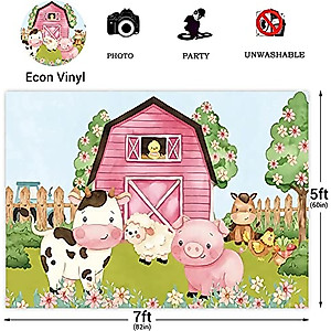 7x5ft Cartoon Farm Animals Party Backdrop Pink Barn Girl Baby Shower Birthday Photography Background Farmland Animals Cows Pigs Barnyard Backdrop Banner Cake Table Decoration Photo Booth Props