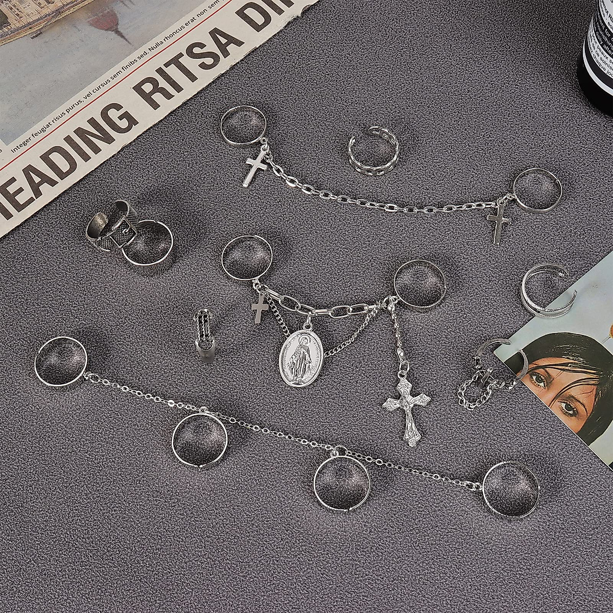 Punk Gothic Vintage Chain Finger Rings Set for Women Men TNovelty Gothic Cross Open Adjustable Rings Stackable Silver Knuckle Rings, Copper, copper,