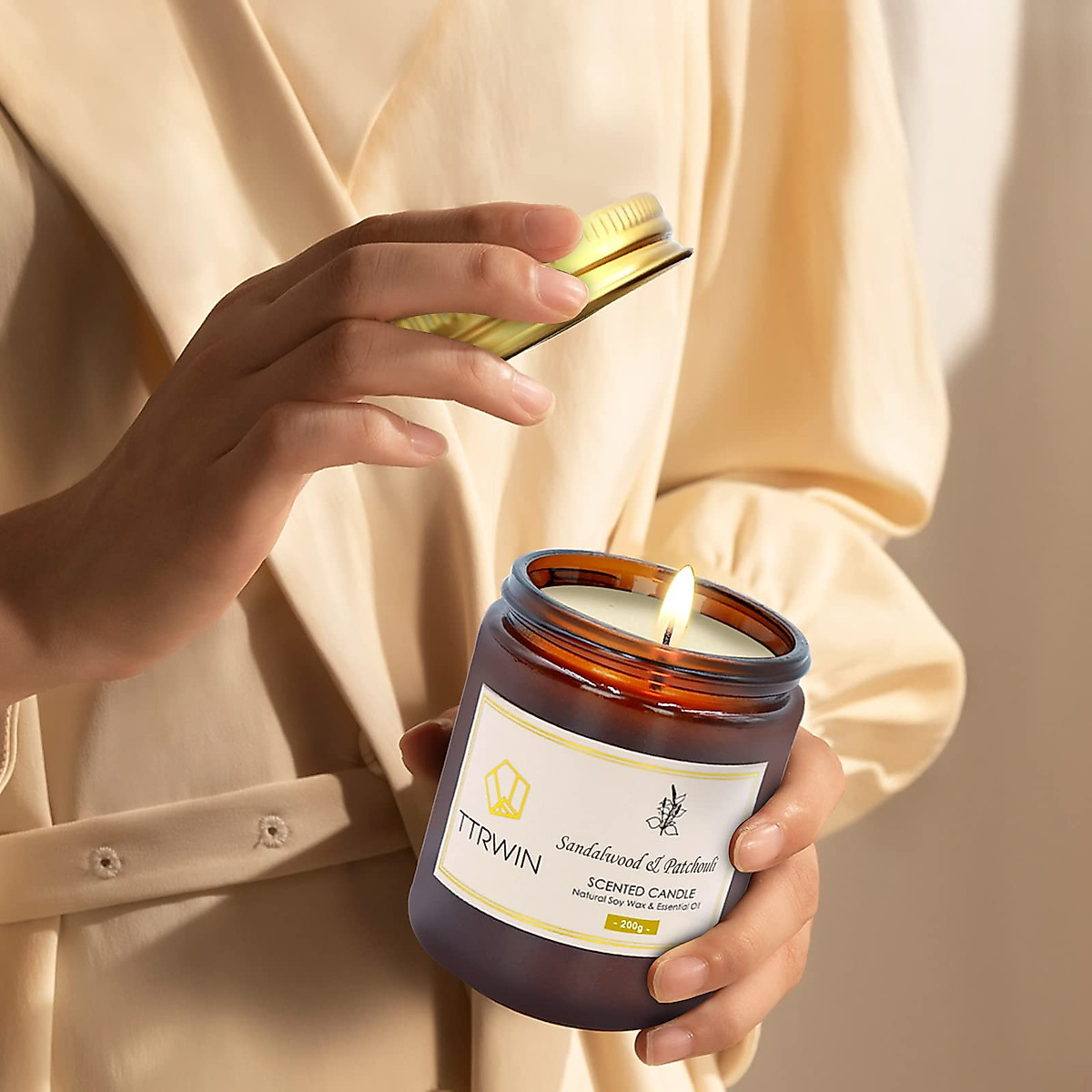 TTRWIN Sandalwood & Patchouli Scented Candle, 50H Long Burning, 200g Natural Soy Wax, Wood Fragrance Glass Jar Candle, Aromatherapy Gift for Mother's Day, Housewarming