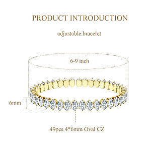 Oval Cubic Zirconia Open Adjustable Cuff Bracelet for Women Men, Yellow Gold Plated Personalized CZ Tennis Bracelet and Rhinestone Anklets Chain (Oval CZ Bracelet)