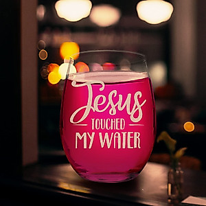 Veracco Jesus Touched My Water Stemless Wine Glass Funny Birthday Gift For Someone Who Loves Drinking Bachelor Party Favors (Clear, Glass)