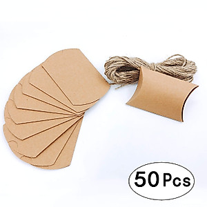Vintage Kraft Paper Pillow Candy Box Thank You Treat Box Kit Rustic Gift Boxes with Twine for Wedding Favors Baby Shower Birthday Party Supplies, 50pc
