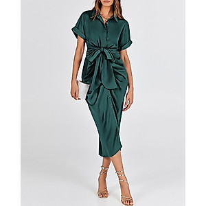 BTFBM 2024 Women Button Down Ruched Shirt Dresses Short Sleeve Lapel V Neck Elegant Party Spring Summer Maxi Satin Dress(Short Sleeve Dark Green, Medium)