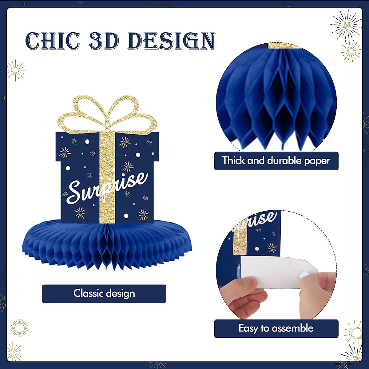 DECORLIFE 9PCS Blue Gold Birthday Table Decorations, Happy Birthday Honeycomb Centerpieces for Kids Men and Women Birthday Party Supplies