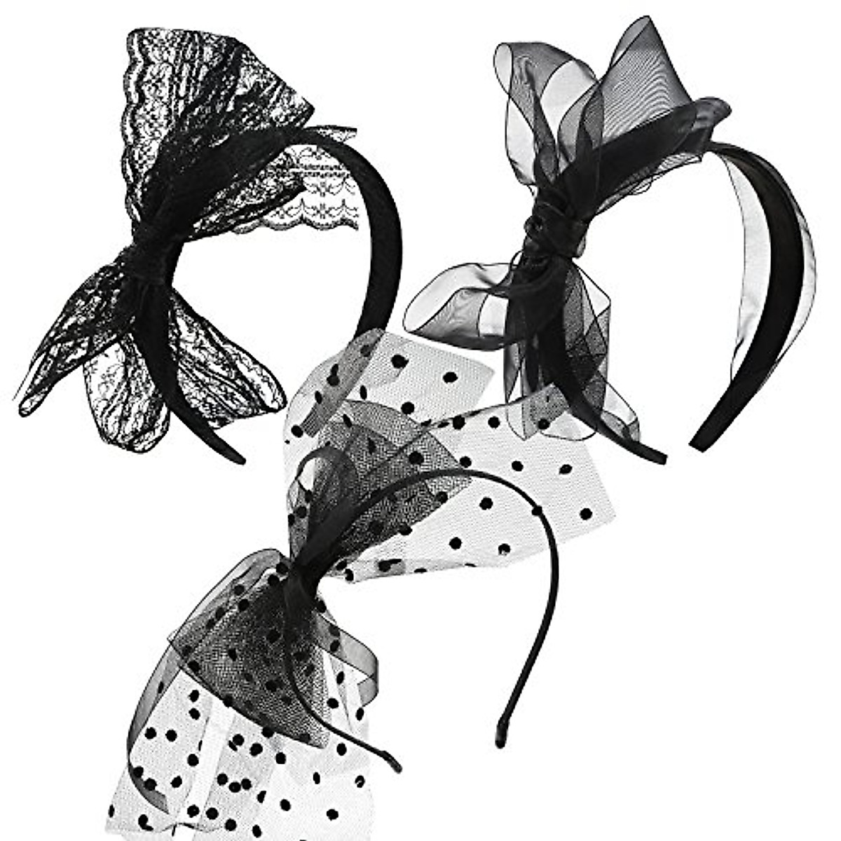 Hicarer 3 Pieces 80's Black Lace Headband with Bow 80s Theme Costumes Party Accessories Neon Lace Bow Headband for Women(Black)