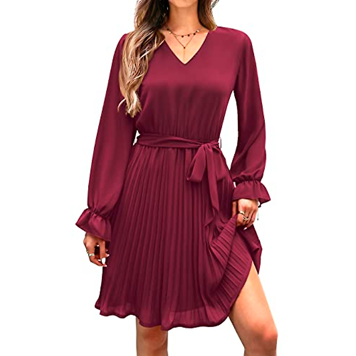 PRETTYGARDEN Women's Casual Spring Fall Dresses Long Puff Sleeve V Neck Pleated Ruffle Flowy Belted Dress (Wine Red,Large)