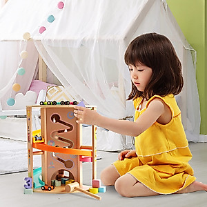 Toddler Toys Wooden Race Track Car Ramp Toys Vehicle Set with 6 Mini Cars & 5 Ramps Educational Cars Toys for 3+ Years Old Ramp Racer Toy Montessori Toys Craft Gift for Toddlers Boys and Girls