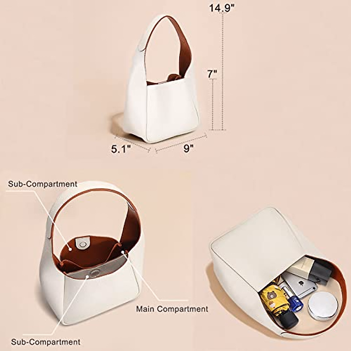 Women Hobo Handbag Soft Leather Bucket Shoulder Purse Designer Fashion Tote Bag for Work Travel Shopping, Light Tan