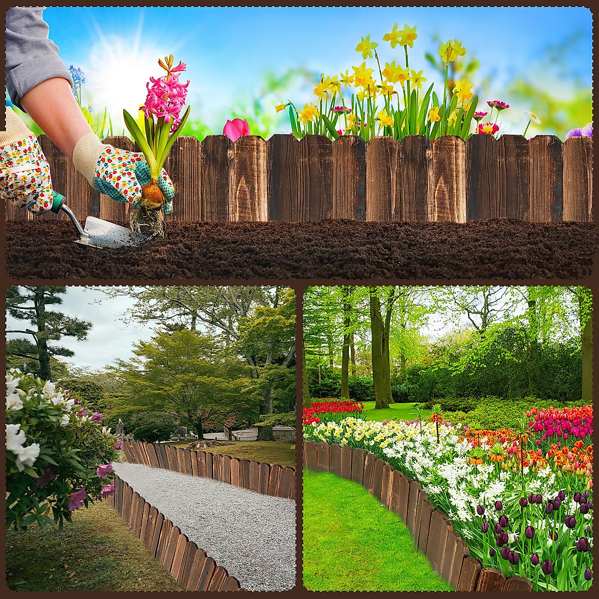 Wood Garden Edging Border Fence with White Gloves Wooden Fence Landscape Wood Border Edging for Garden Yard Pathway Outdoor Patio Decoration 8 x 47 Inches