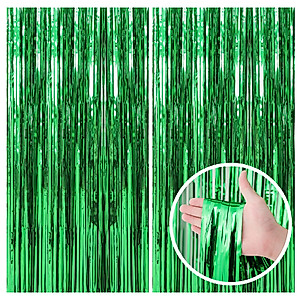 2 Pack Green Streamers Backdrop Jungle Party Decorations Foil Fringe Backdrop Curtains Photo Booth Backdrop for Birthday Dinosaur Animal St Patrick's Day Football Christmas Party Decorations