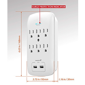 Fosmon 6 Outlet Surge Protector 1200 Joules with 2 USB Ports Charger (3.1A), Multi Plug Outlet Extender 1875 Watt, 3-Prong Grounded Wall Tap Adapter
