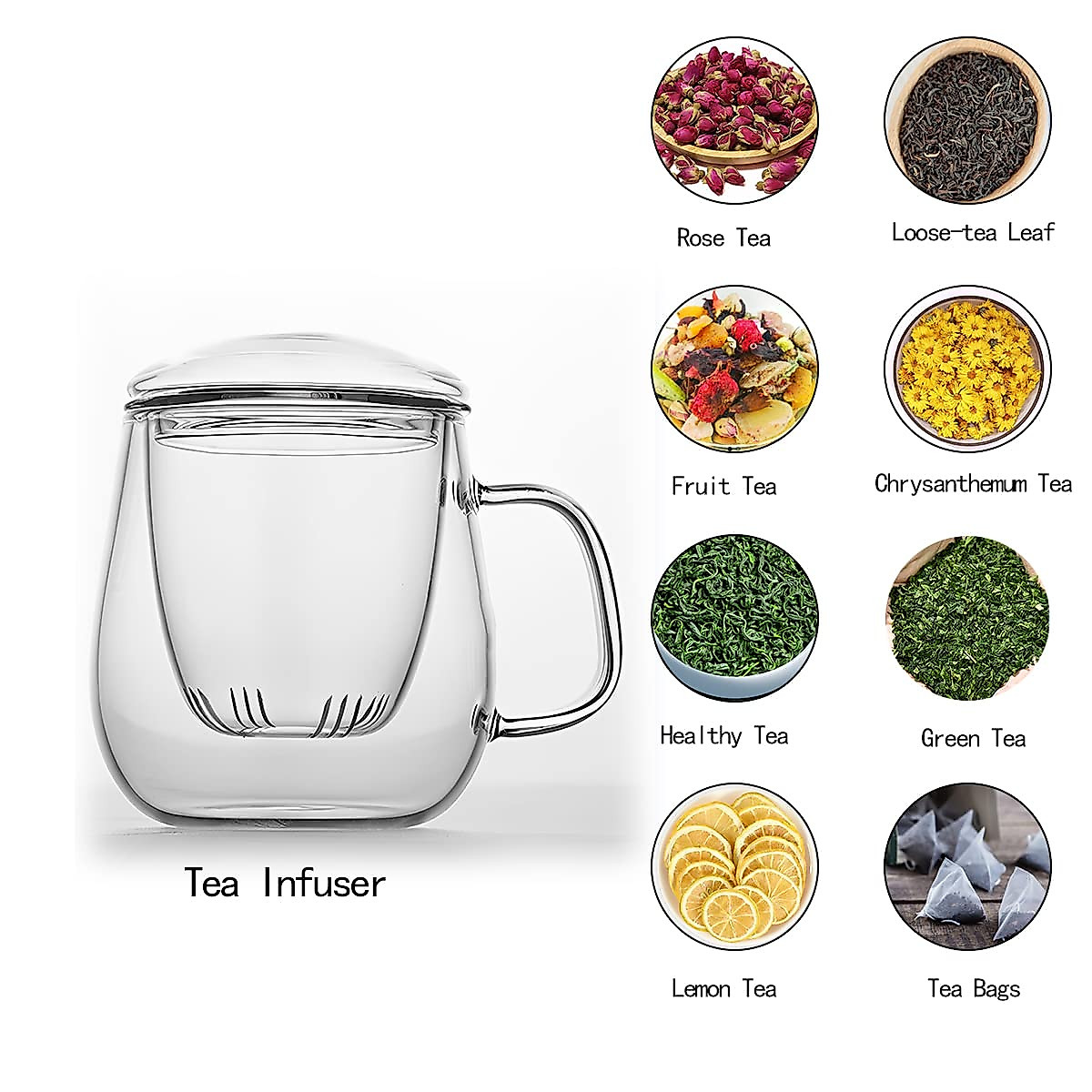 TIANXIALAWU 16.9 oz,Glass Tea Infuser Cups with Strainer and Lid,Tea Mugs with Infuser and Lid,Loose Tea Infuser,Hot Tea Diffuser Cup, (glass cover)，Glass Tea Cups