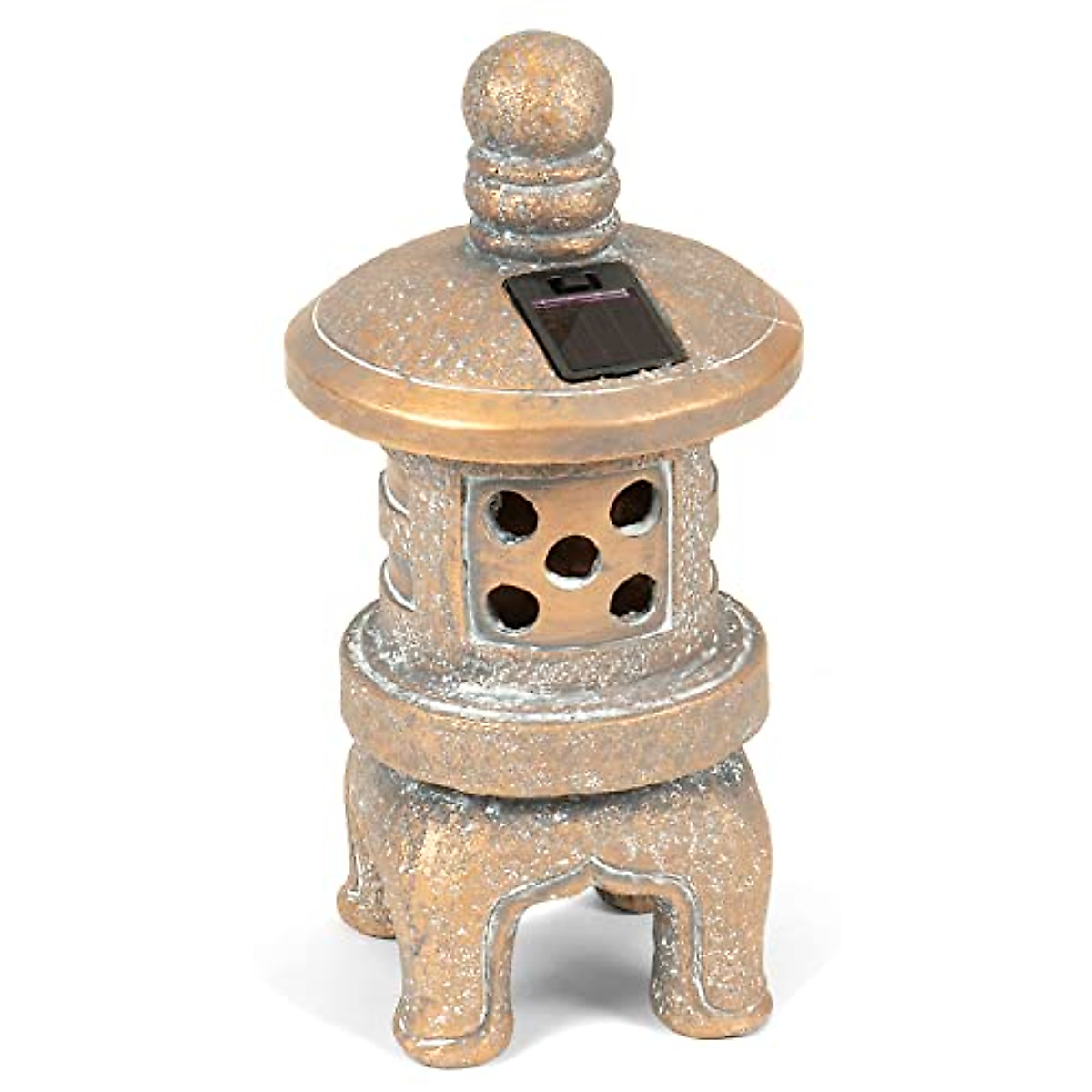 Red Co. 11” Solar-Powered LED Round Pagoda Lantern Asian Décor Zen Garden Statue, Distressed Gold