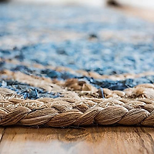 Unique Loom Braided Jute Collection Classic Quality Made Natural Hand Woven with Geometric Design Area Rug (9' 0 x 12' 0 Rectangular, Blue/ Natural)