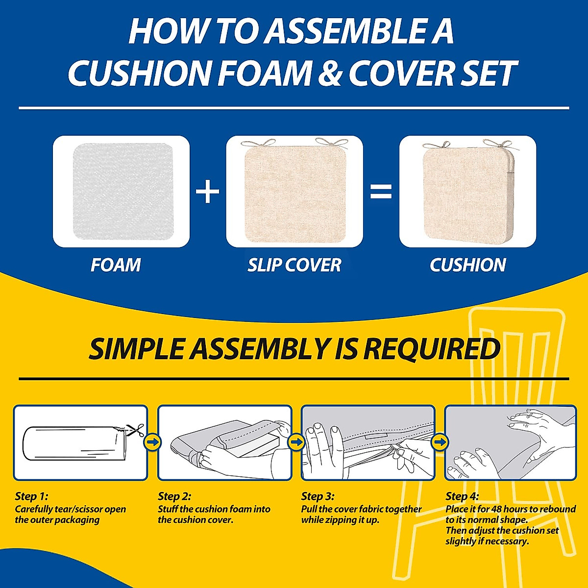 AAAAAcessories Square Chair Cushions for Dining Chairs with Ties and Removable Cover, 2" Thick Dining Kitchen Chair Pads, Indoor Dining Room Chair Cushions, 16" x 16", Set of 2, Beige