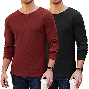 COOFANDY Men's 2 Pack Waffle Shirts Long Sleeve T Shirts Casual Crew Neck Knit Pullover Tops Wine Red/Black