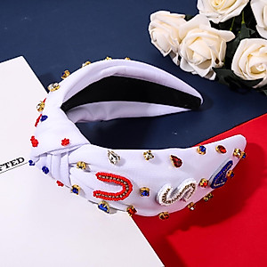 MOLOCH American Flag Headband 4th of July Headband Red White Blue USA Stripe Knotted Headband for Women Rhinestone Crystal Patriotic Hairband Party Hair Accessory